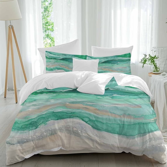 Abstract Green Comforter Set Queen Size, Gradient Beach Ocean Wave Oil ...