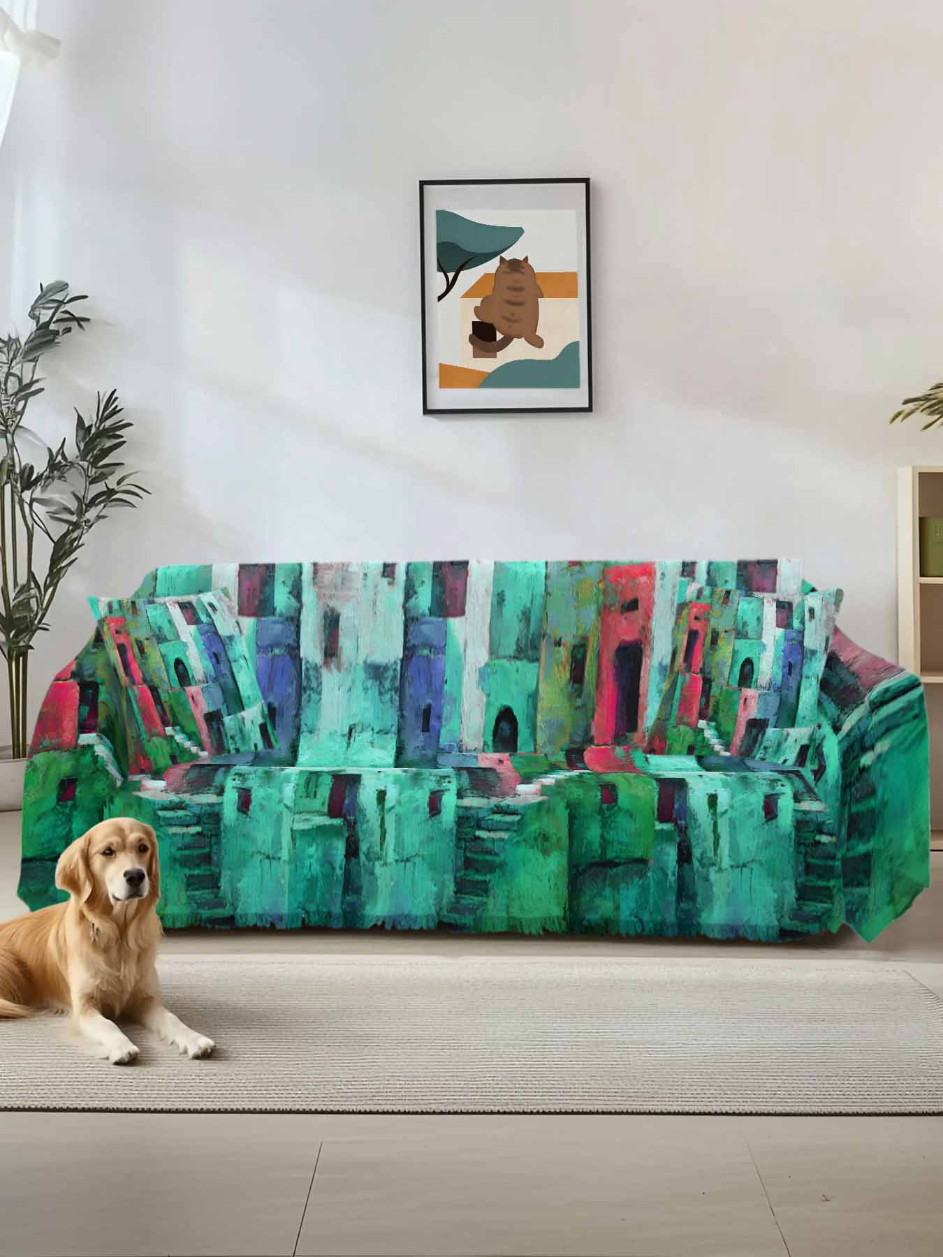 Abstract Green Couch Cover, Painting Buildings Geometric Color Block ...