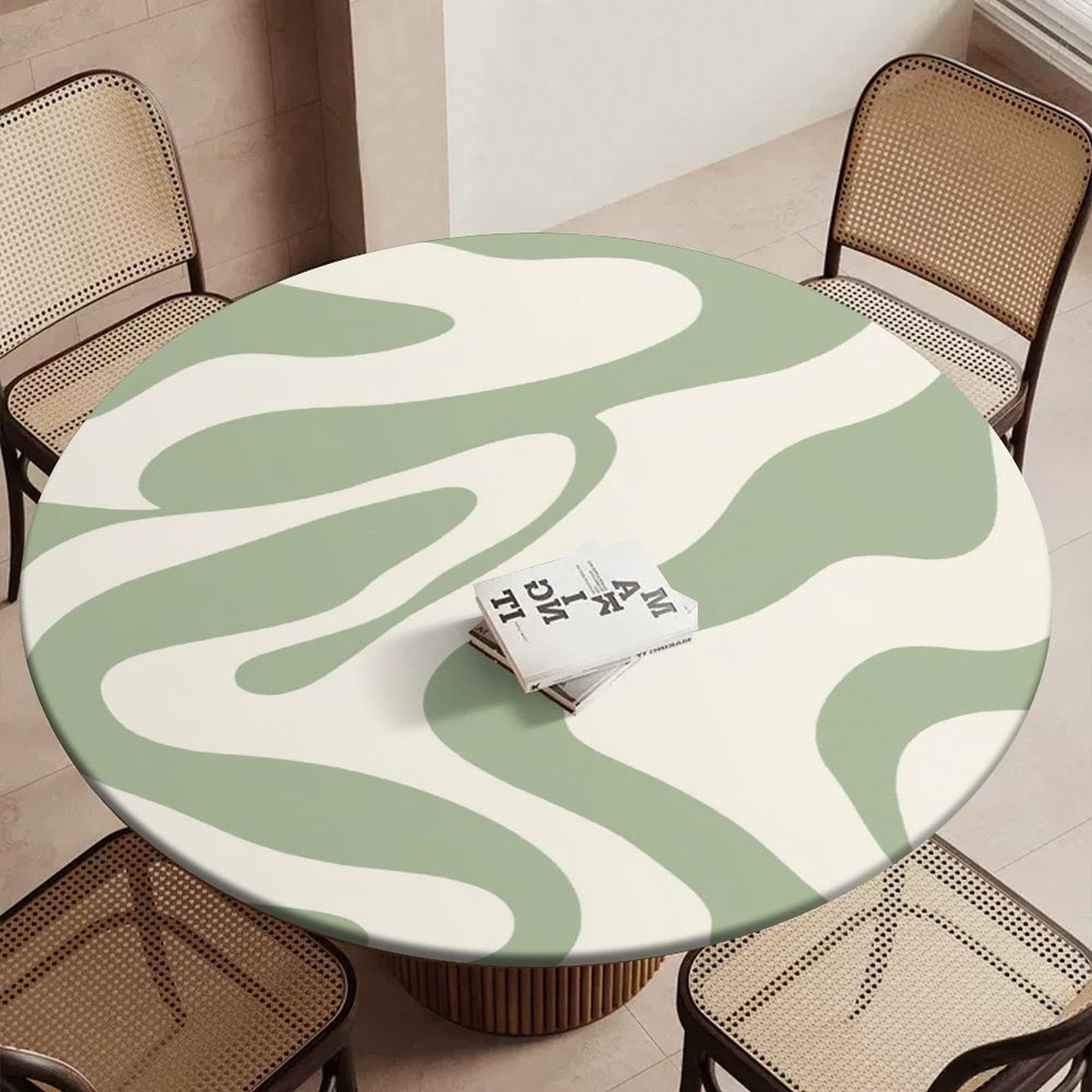 Abstract Green Cream Swirl Pattern Round Table Cover Kitchen Printed ...