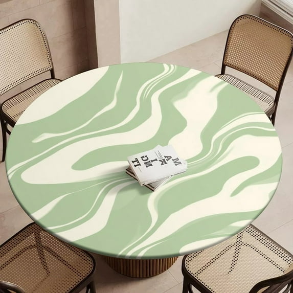 Abstract Green Cream Swirl Pattern Round Table Cover Kitchen Printed ...