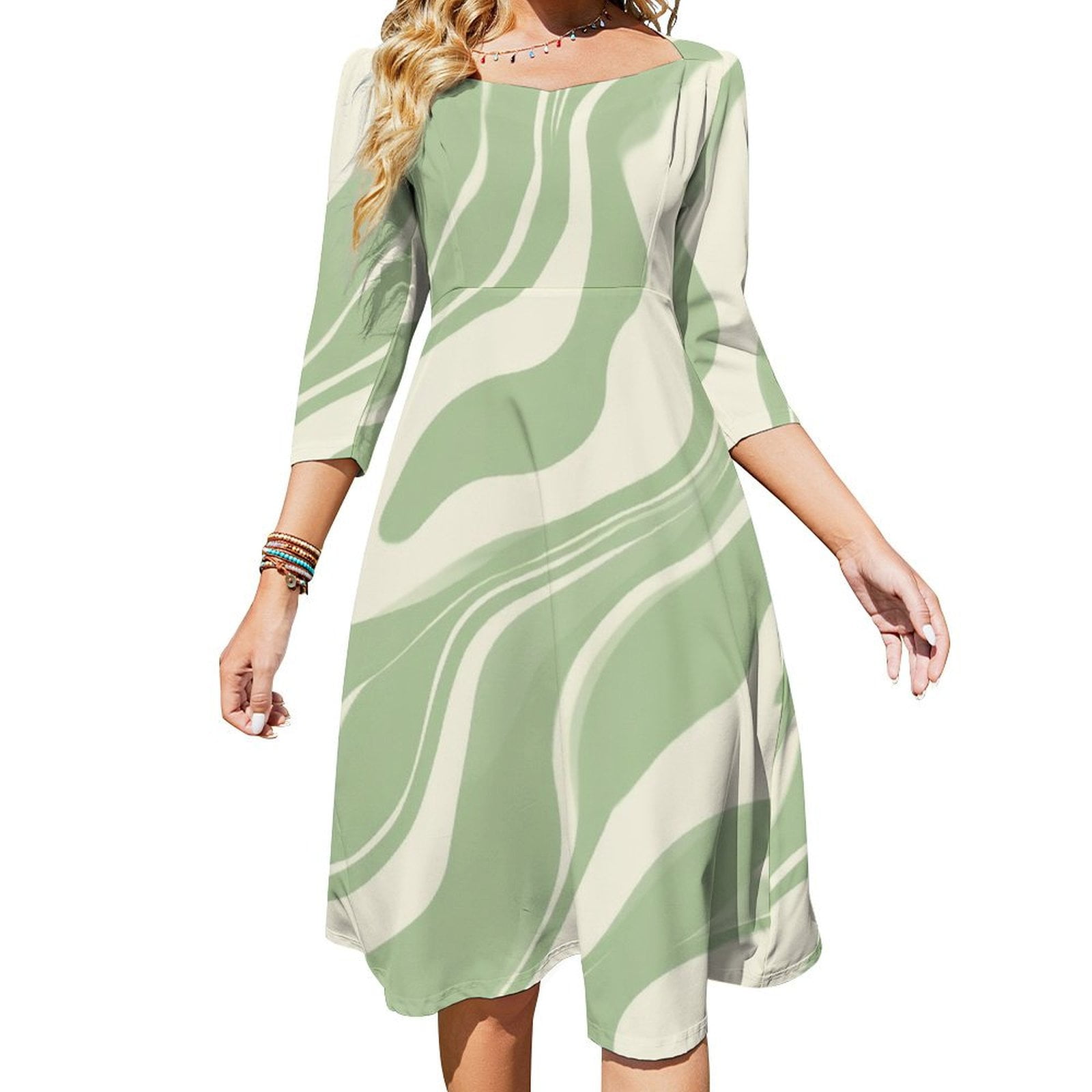 Abstract Green Cream Swirl Pattern Sweetheart Knot Flared Dress Fashion Design Large Size Loose ...