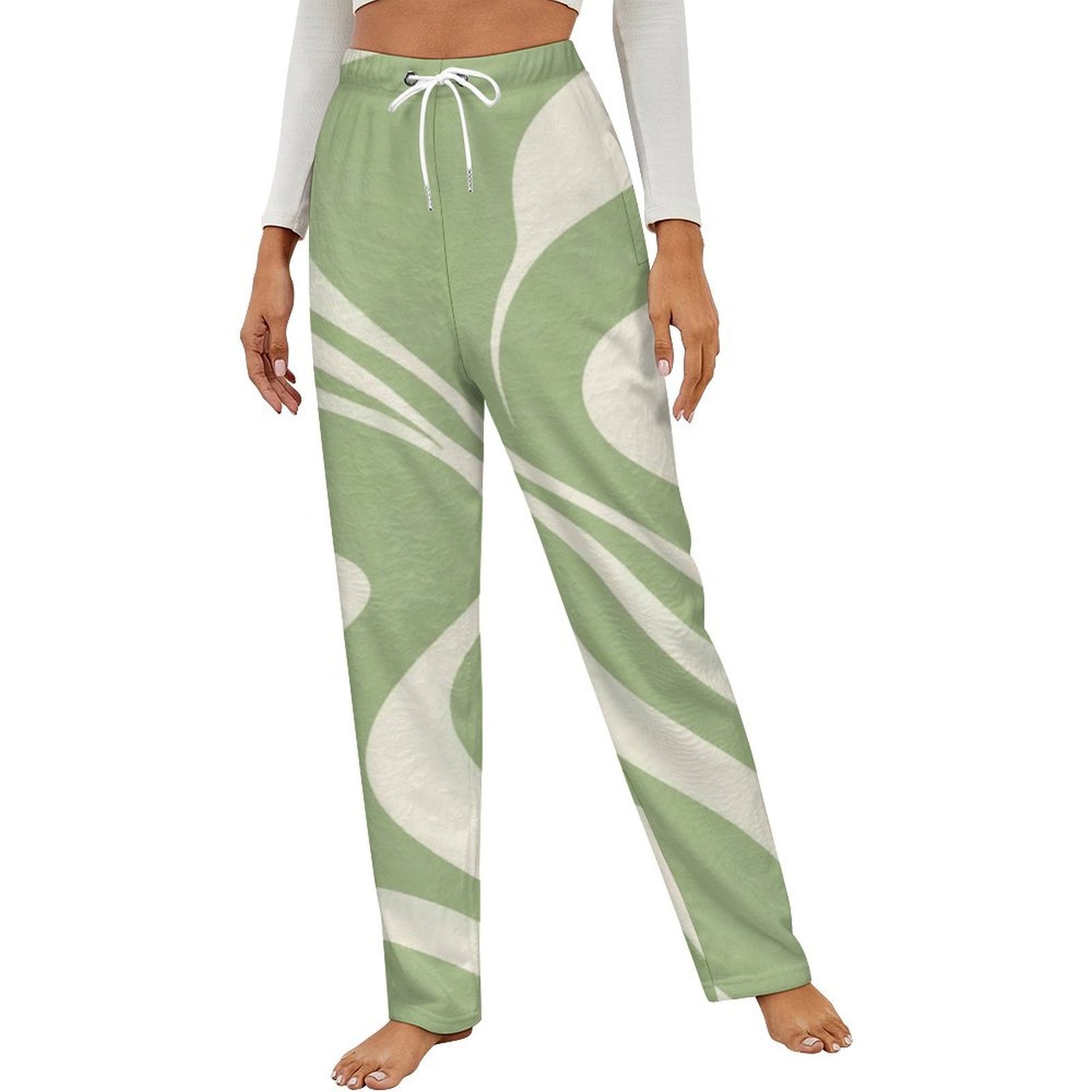 Abstract Green Cream Swirl Pattern Winter Female Pants Flannel High ...