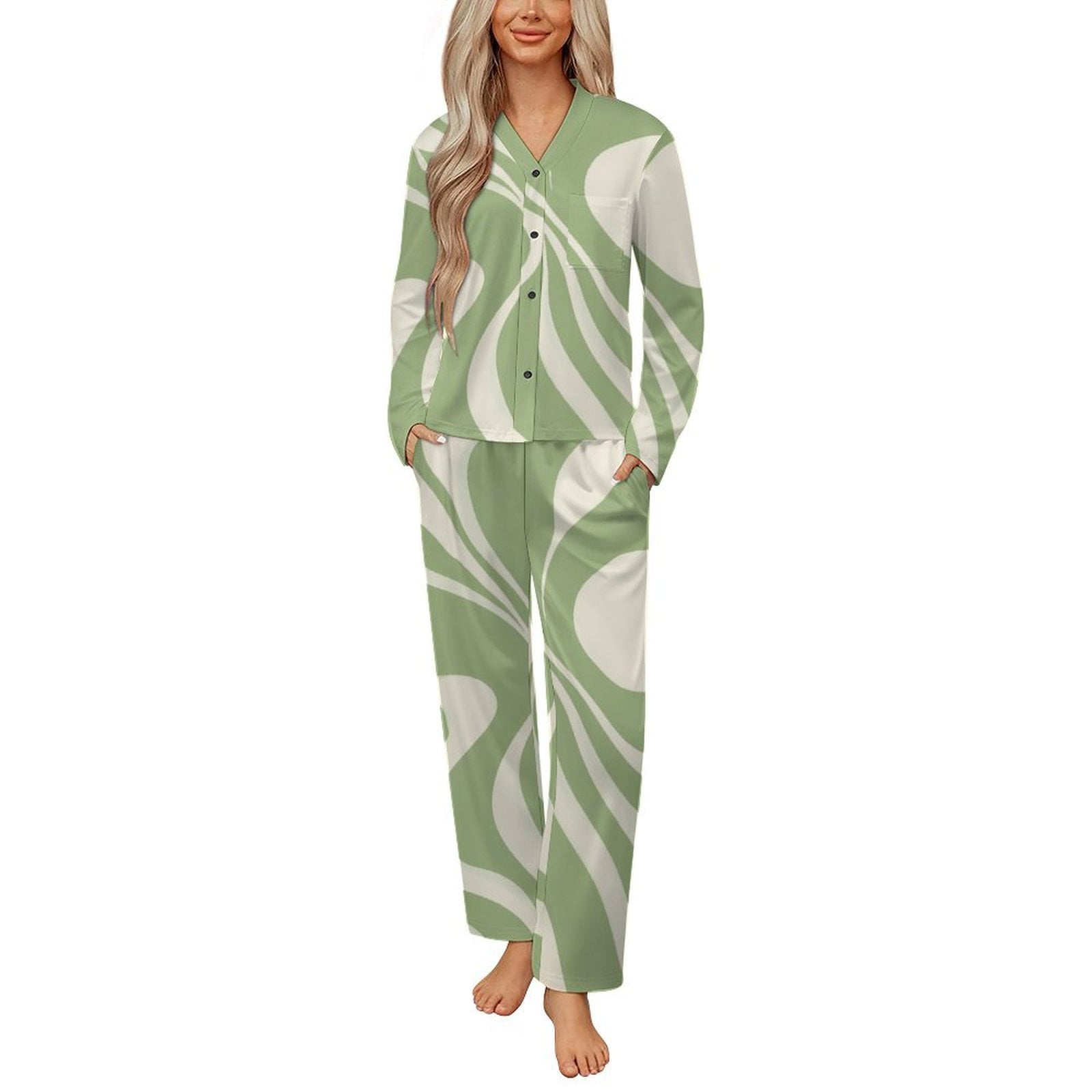 Abstract Green Cream Swirl Pattern Womens Pyjamas Set Button Up Pyjamas ...
