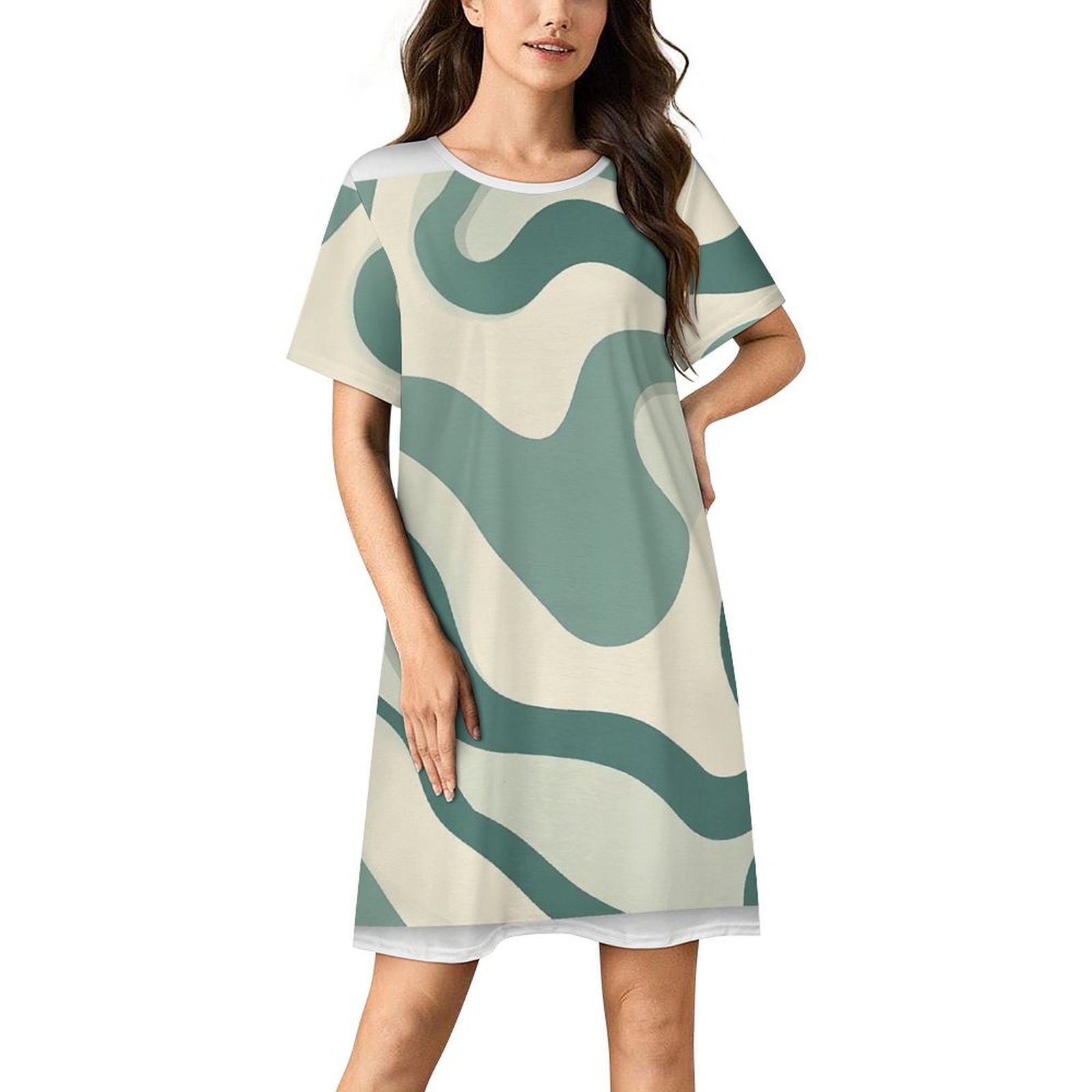 Abstract Green Cream Wave Art Women Nightgown Sleepwear Short Sleeves ...