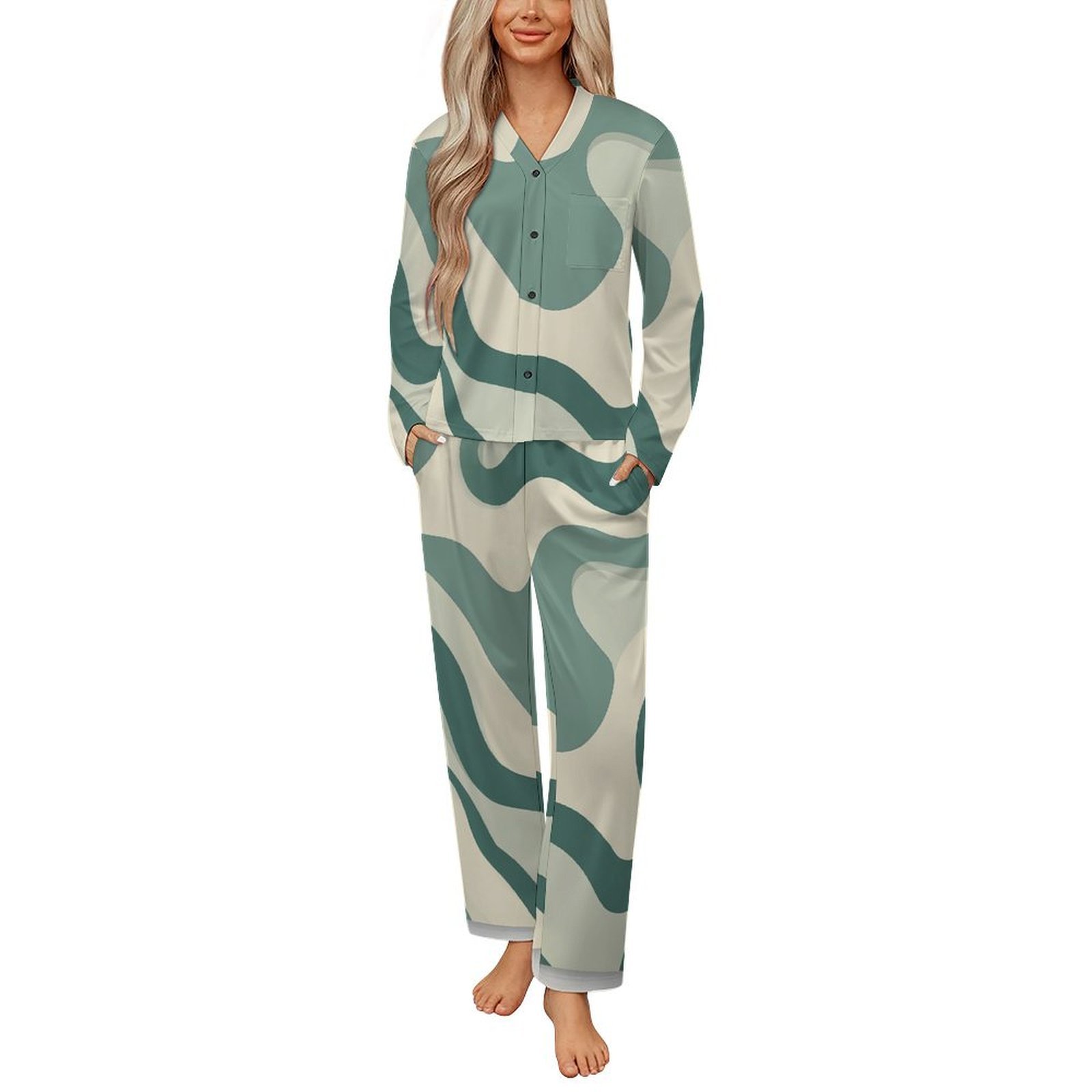 Abstract Green Cream Wave Art Womens Pyjamas Set Button Up Pyjamas ...