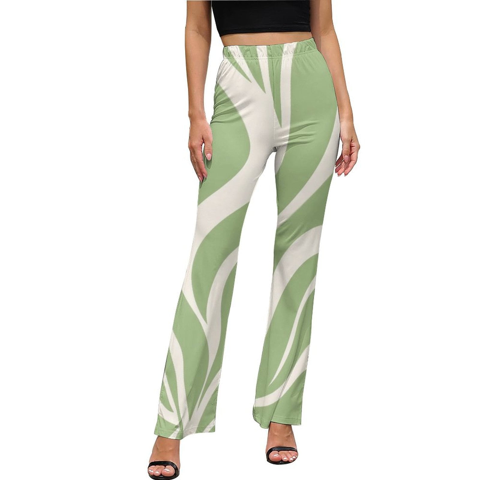 Abstract Green Cream Wavy Pattern High Waisted Casual Flared Trousers ...