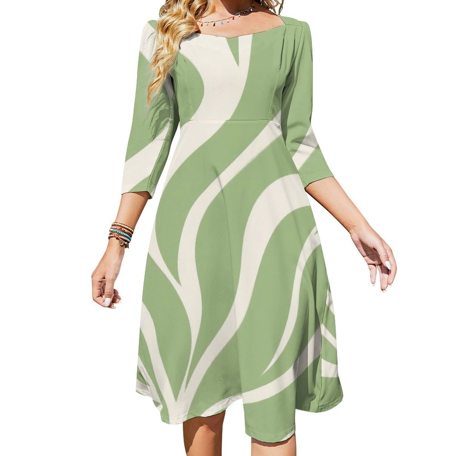 Abstract Green Cream Wavy Pattern Women's 3/4 Sleeve Dresses Elegant A ...