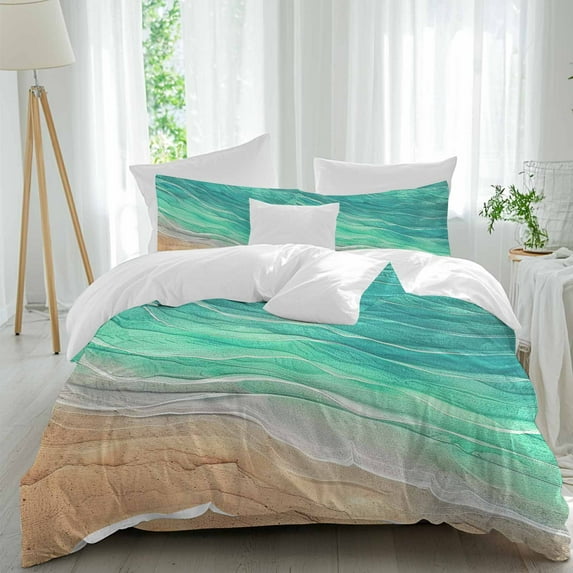 Abstract Green Duvet Cover Set Full Size Ocean Beach Waves Lines ...