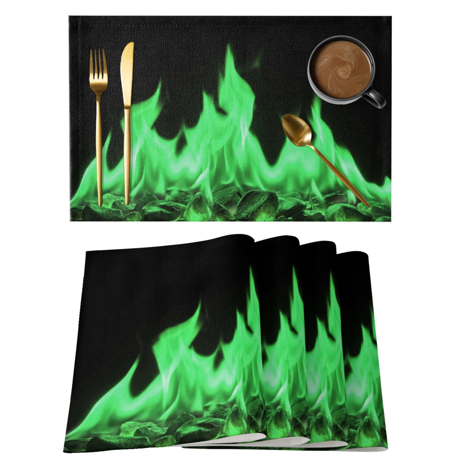 Abstract Green Flame Placemats Set of 2 Flickering Fire Pattern Black ...