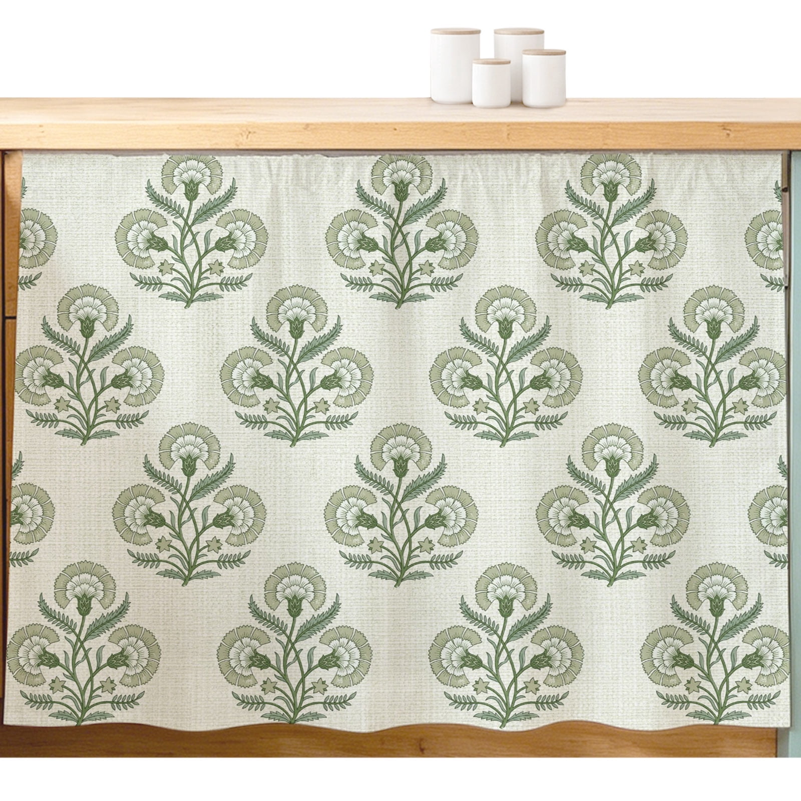 Abstract Green Floral Cabinet Curtains 28" W x 35" L, Vintage Exotic ...