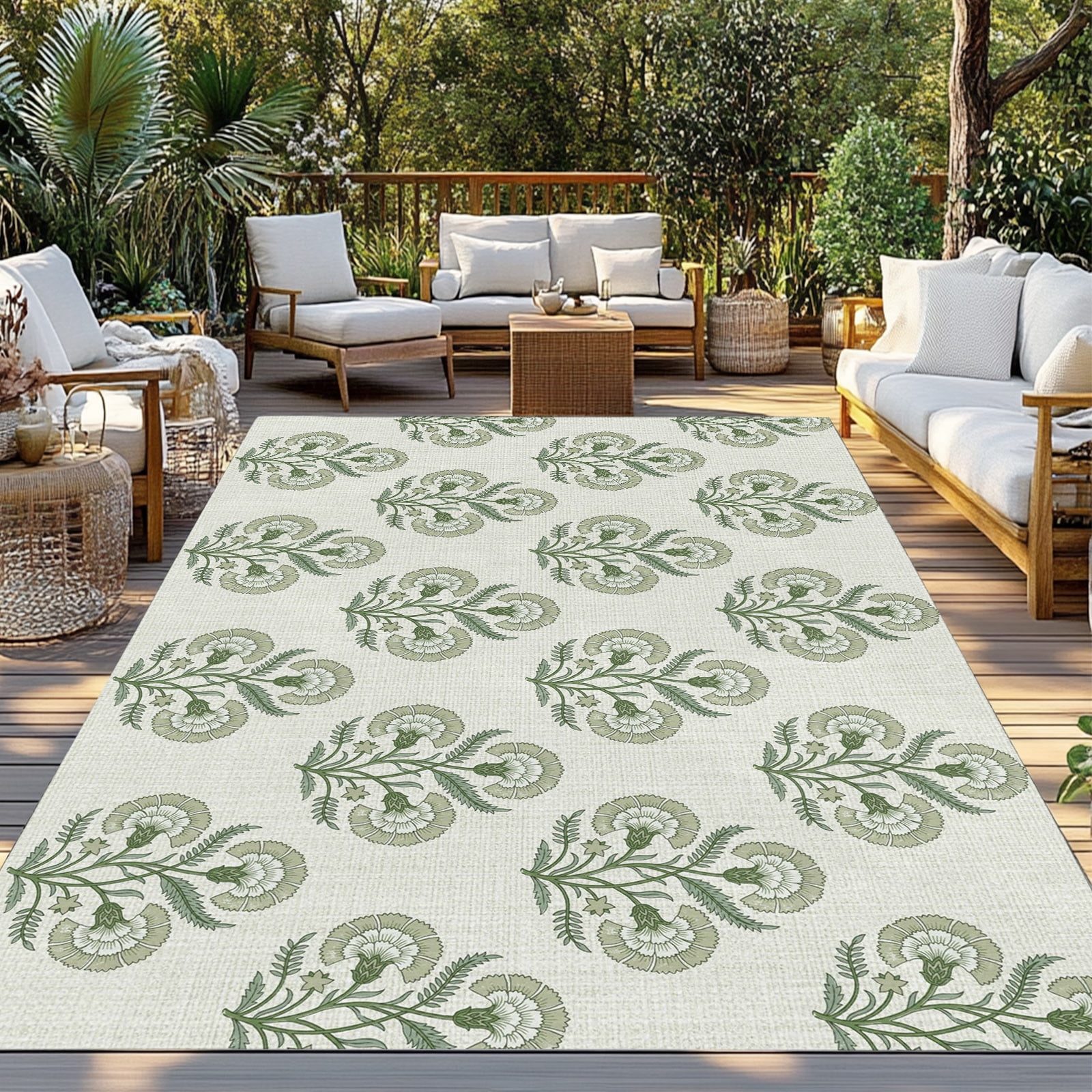 Abstract Green Floral Indoor Outdoor Rugs 3x5 Ft, Vintage Exotic Tribal ...