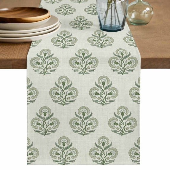 Abstract Green Floral Table Runner, Vintage Exotic Tribal Pastoral ...