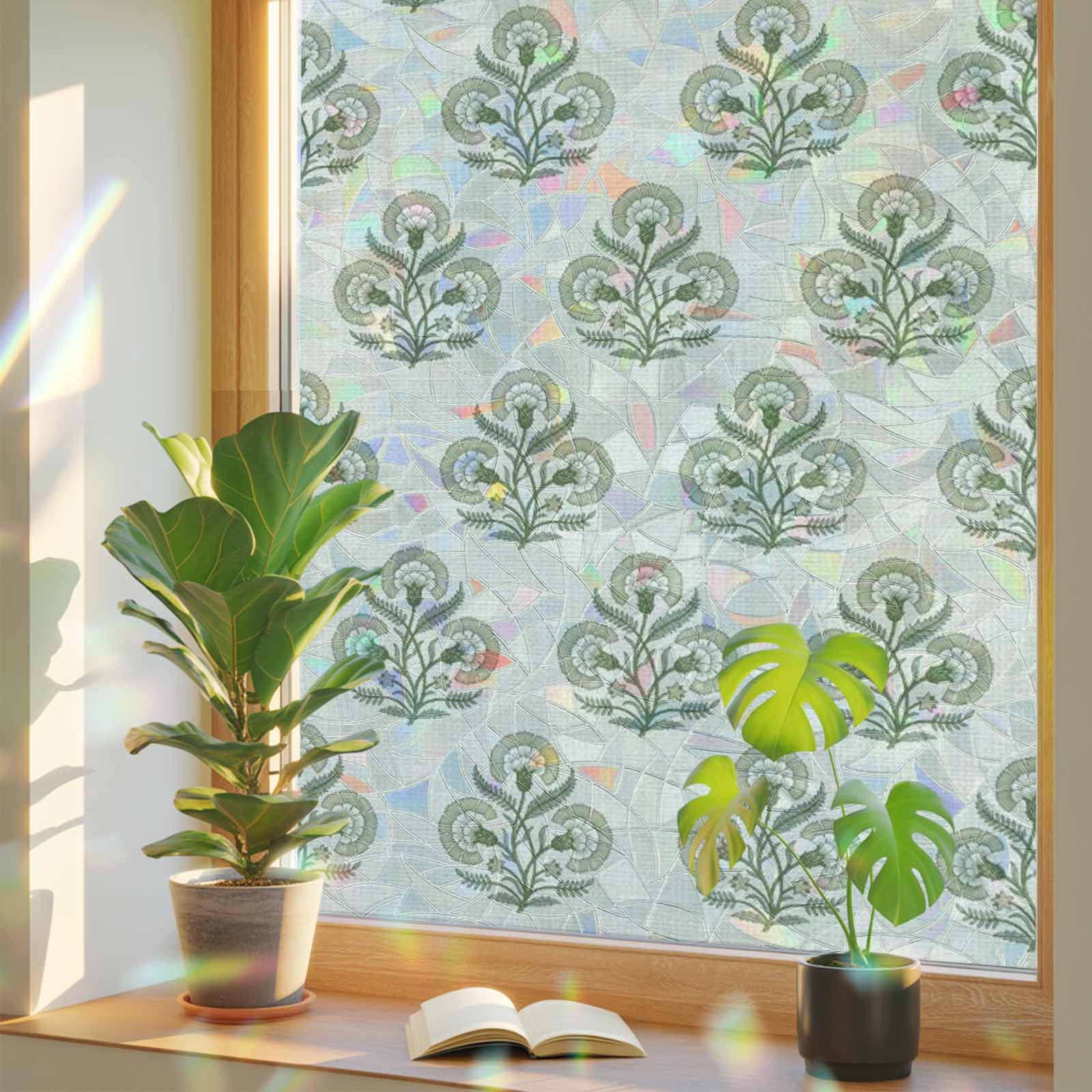 Abstract Green Floral Window Privacy Film, Vintage Exotic Tribal ...