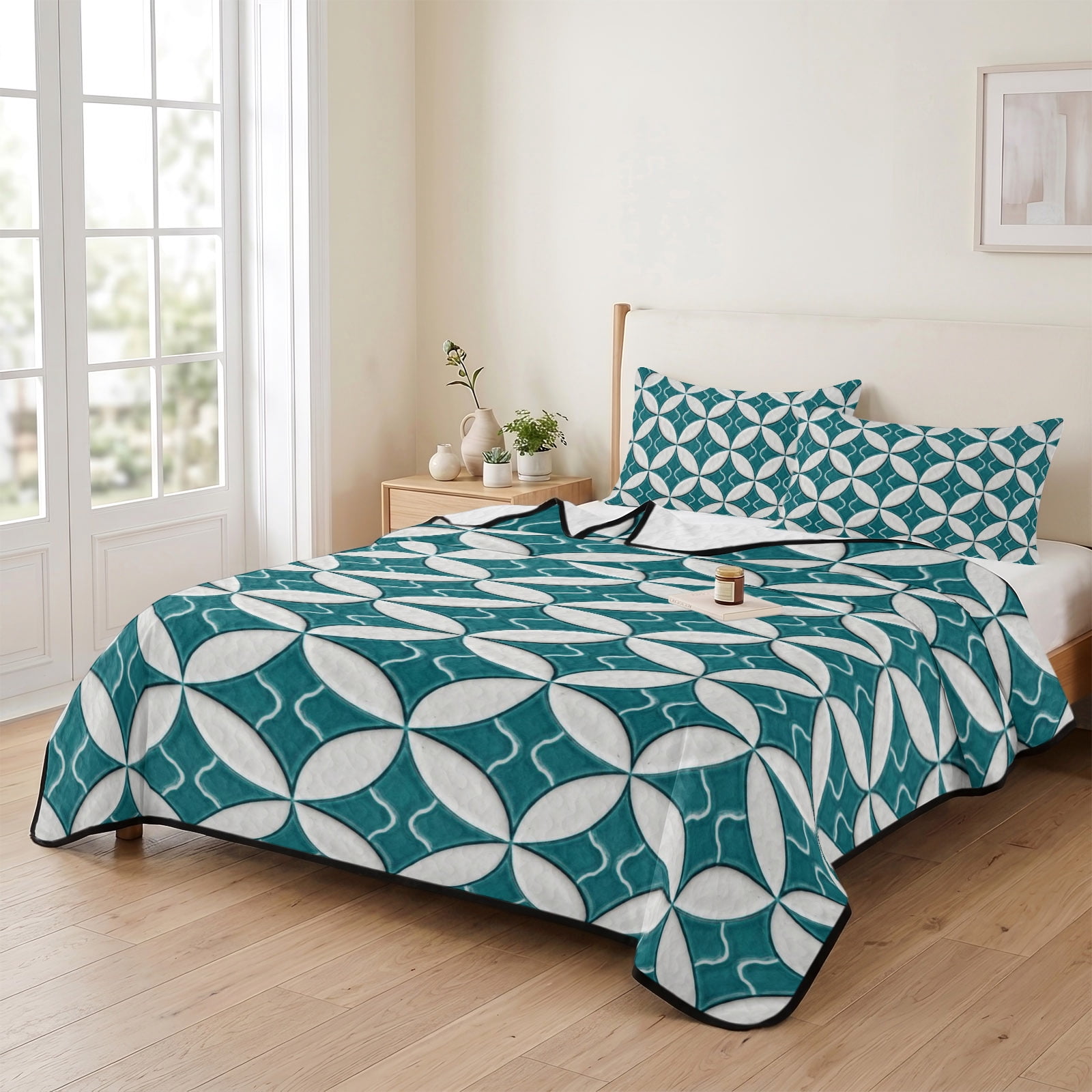 Abstract Green Geometric Medieval 3 Pieces Quilt Set,1 Quilt with 2 ...