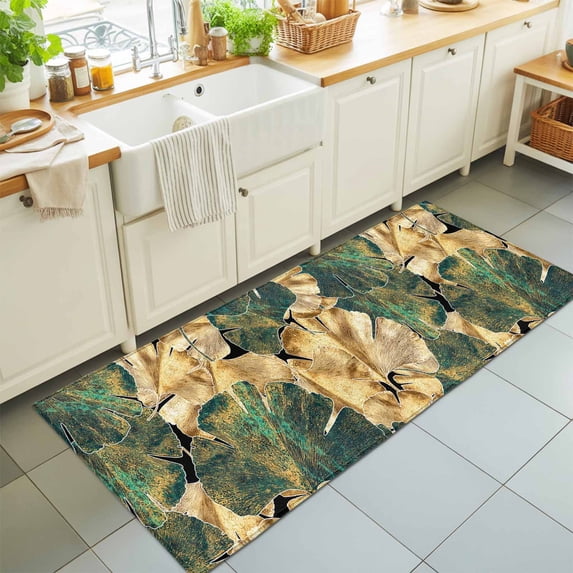 Abstract Green Gold Ginkgo Leaf Rectangle Rug 2'x6' Rustic Autumn Fall ...