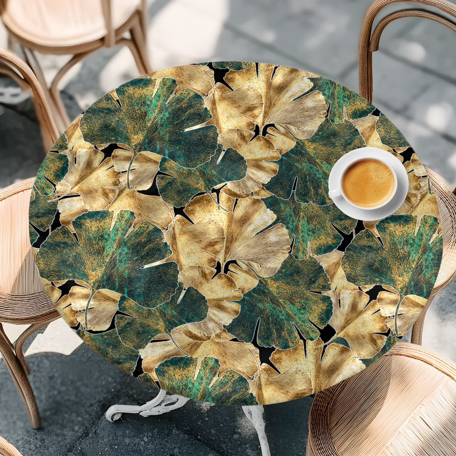 Abstract Green Gold Ginkgo Leaf Round Fitted Tablecloth with Elastic ...