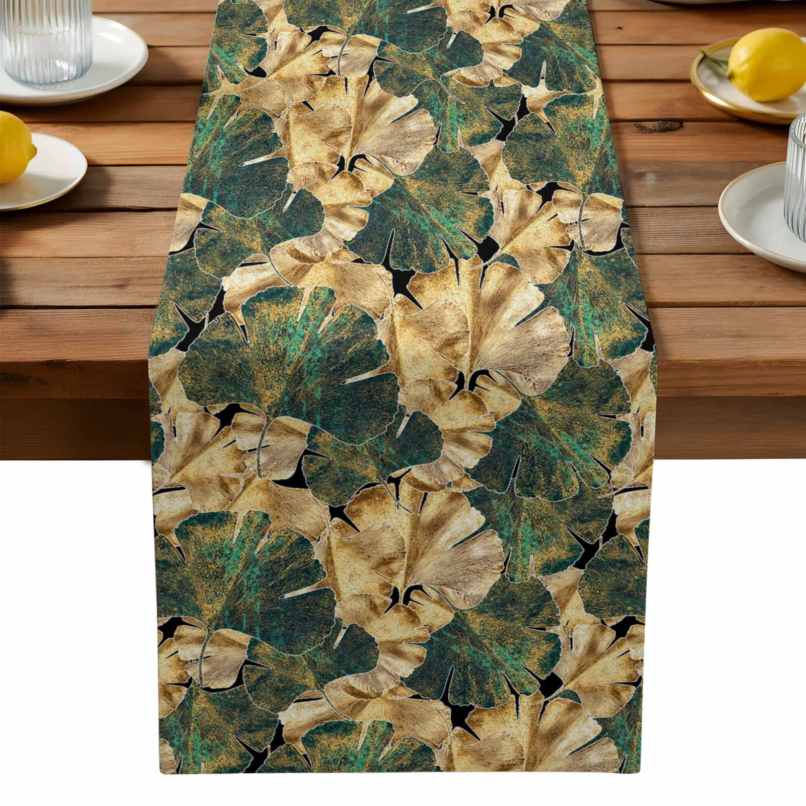 Abstract Green Gold Ginkgo Leaf Table Runners 13x90 Inches Long Linen ...