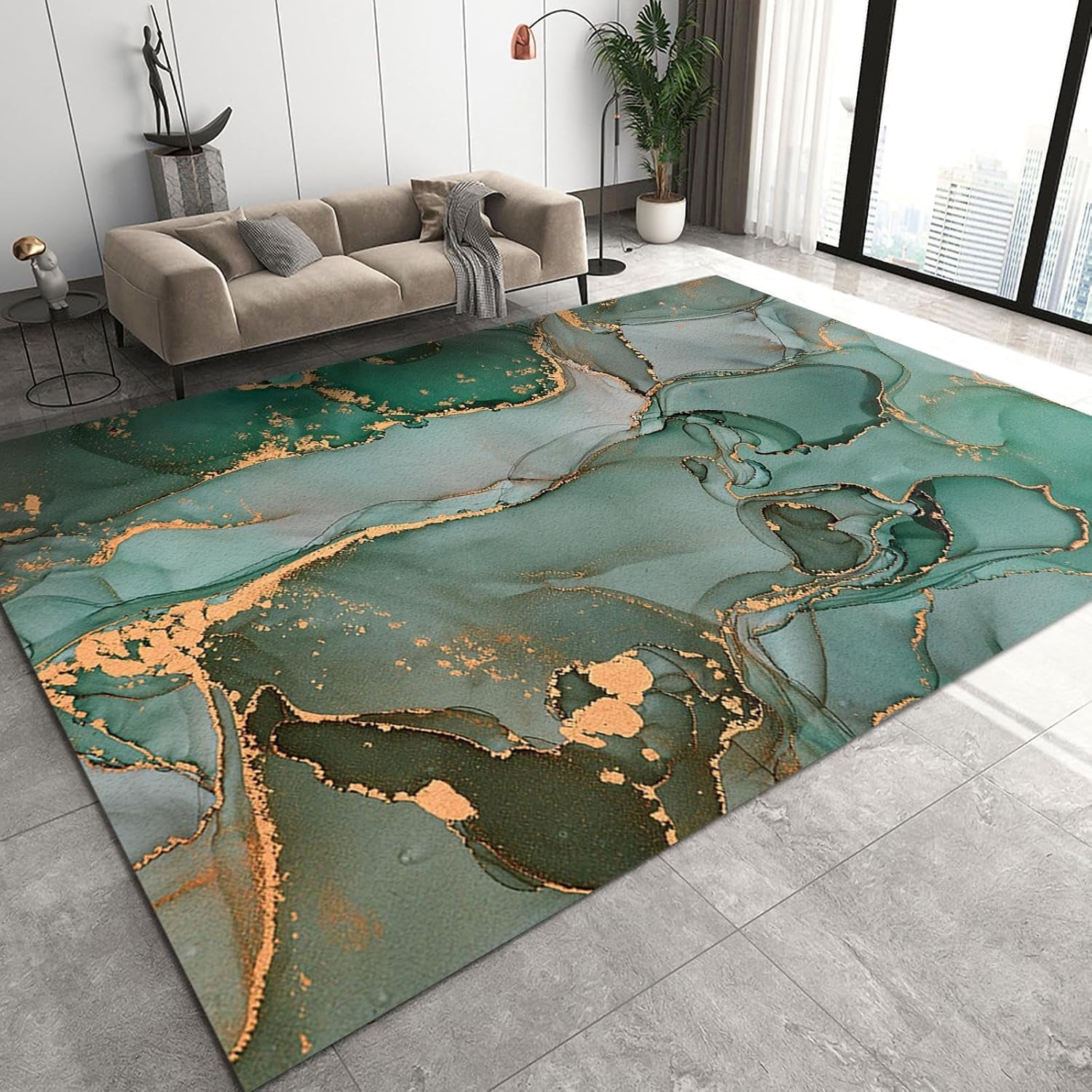 Abstract Green Gold Plated Marble Corrugated Foldable Area Rug ...