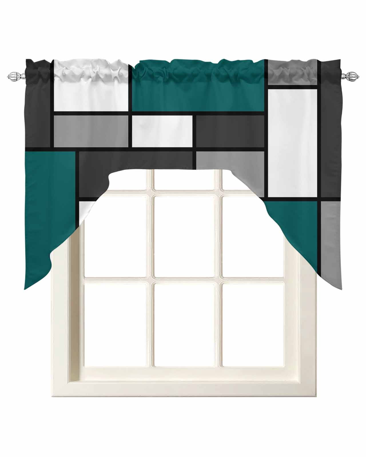 Abstract Green Grey Kitchen Swag Valances for Windows, Modern Geometric ...