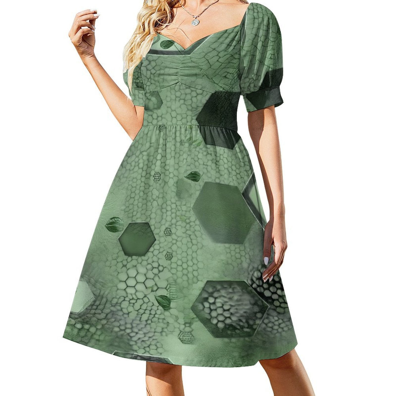 Abstract Green Hexagon Pattern Leaves Short Sleeve Dress Clothes Women ...
