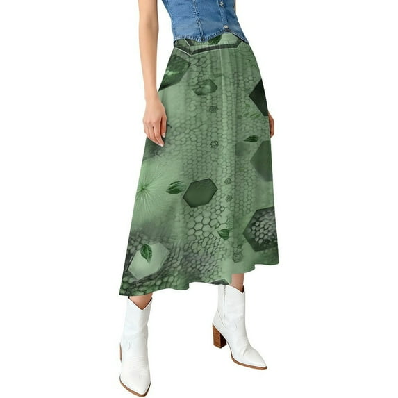 Abstract Green Hexagon Pattern Leaves Women High Waist Midi Skirt ...