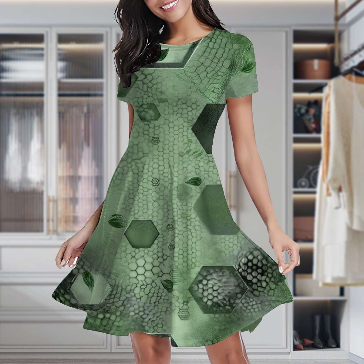Abstract Green Hexagon Pattern Leaves Women's Classic Swing Skater ...