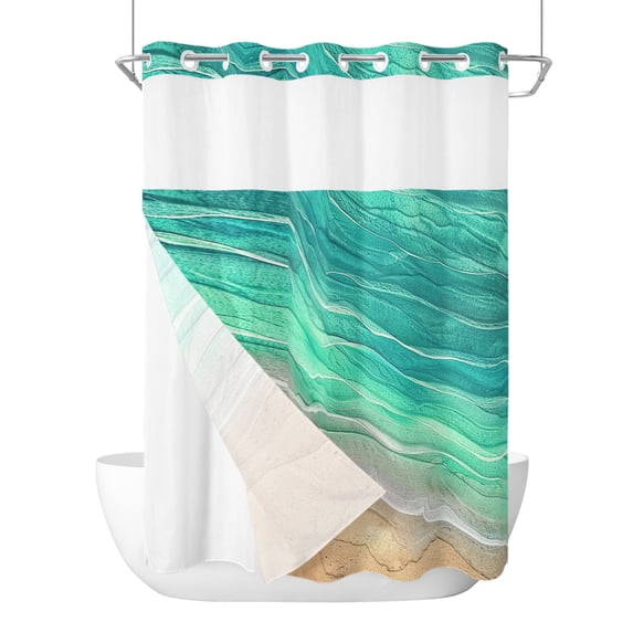 Abstract Green No Hook Shower Curtain with Snap in Liner, Ocean Beach ...