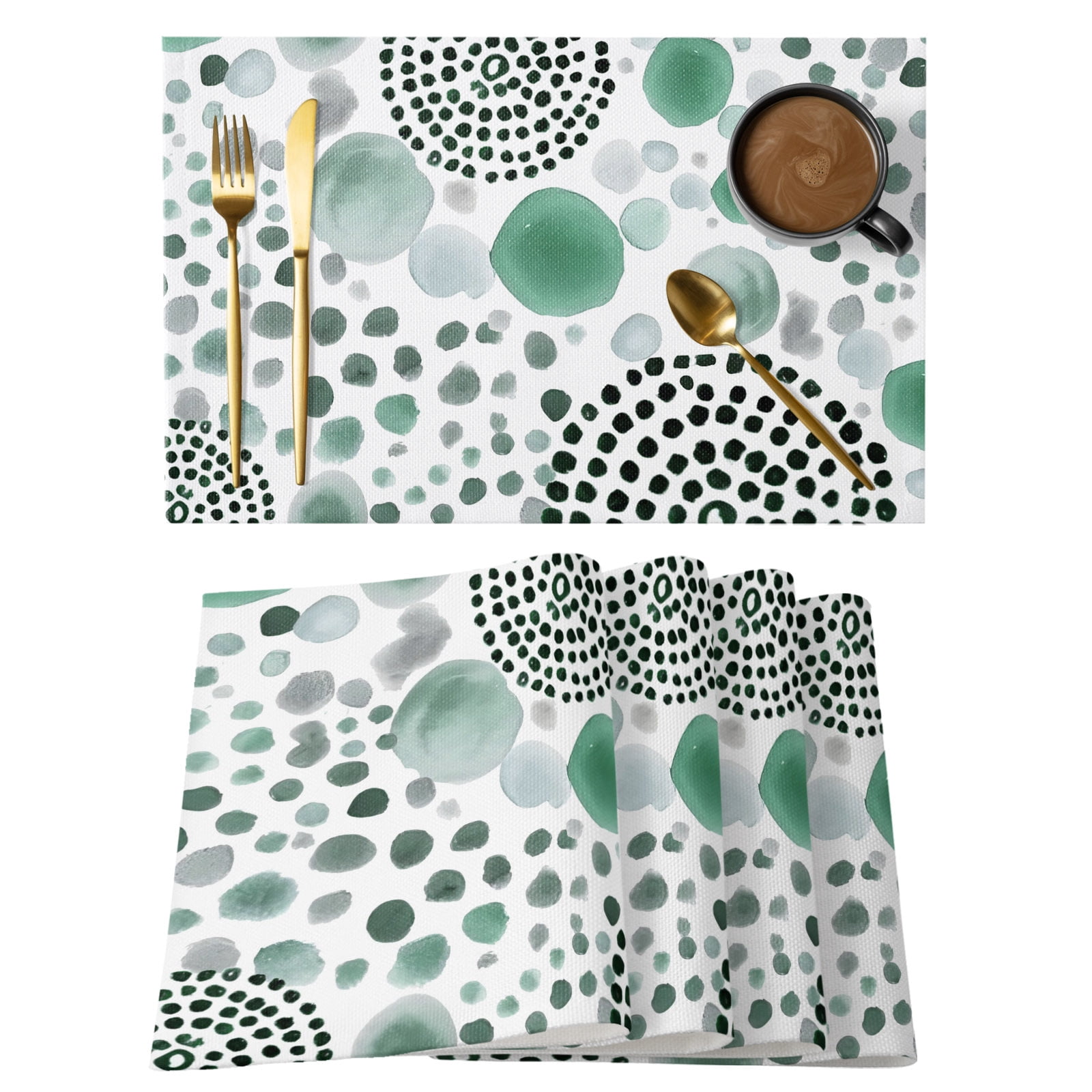 Abstract Green Ink Dots Placemats Set of 8 Boho Minimalist Middle ...