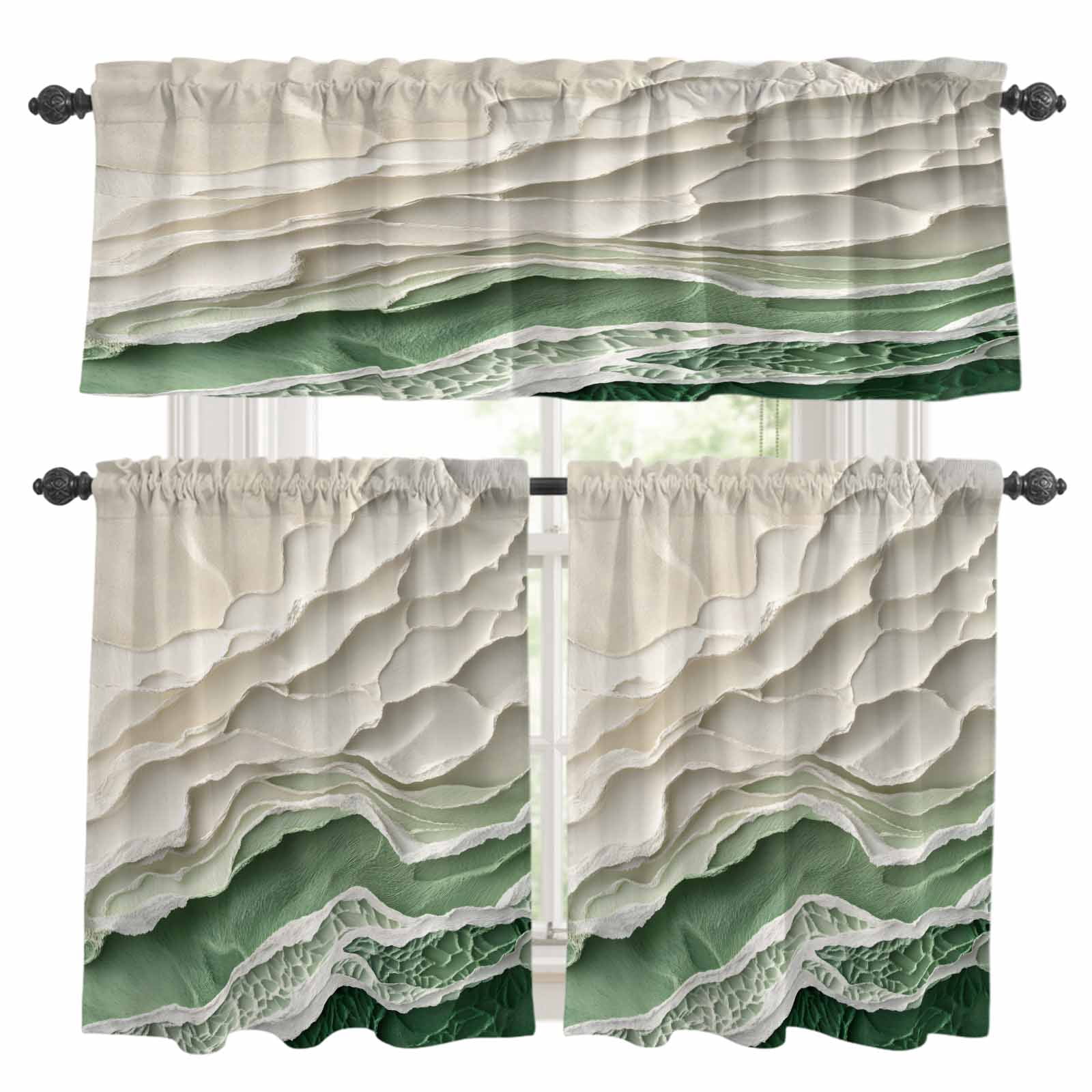 Abstract Green Kitchen Curtains Set for Windows, Beige Ocean Wave Oil ...