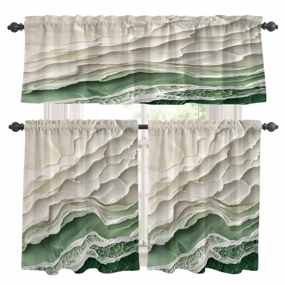 Abstract Green Kitchen Curtains Set for Windows, Beige Ocean Wave Oil ...