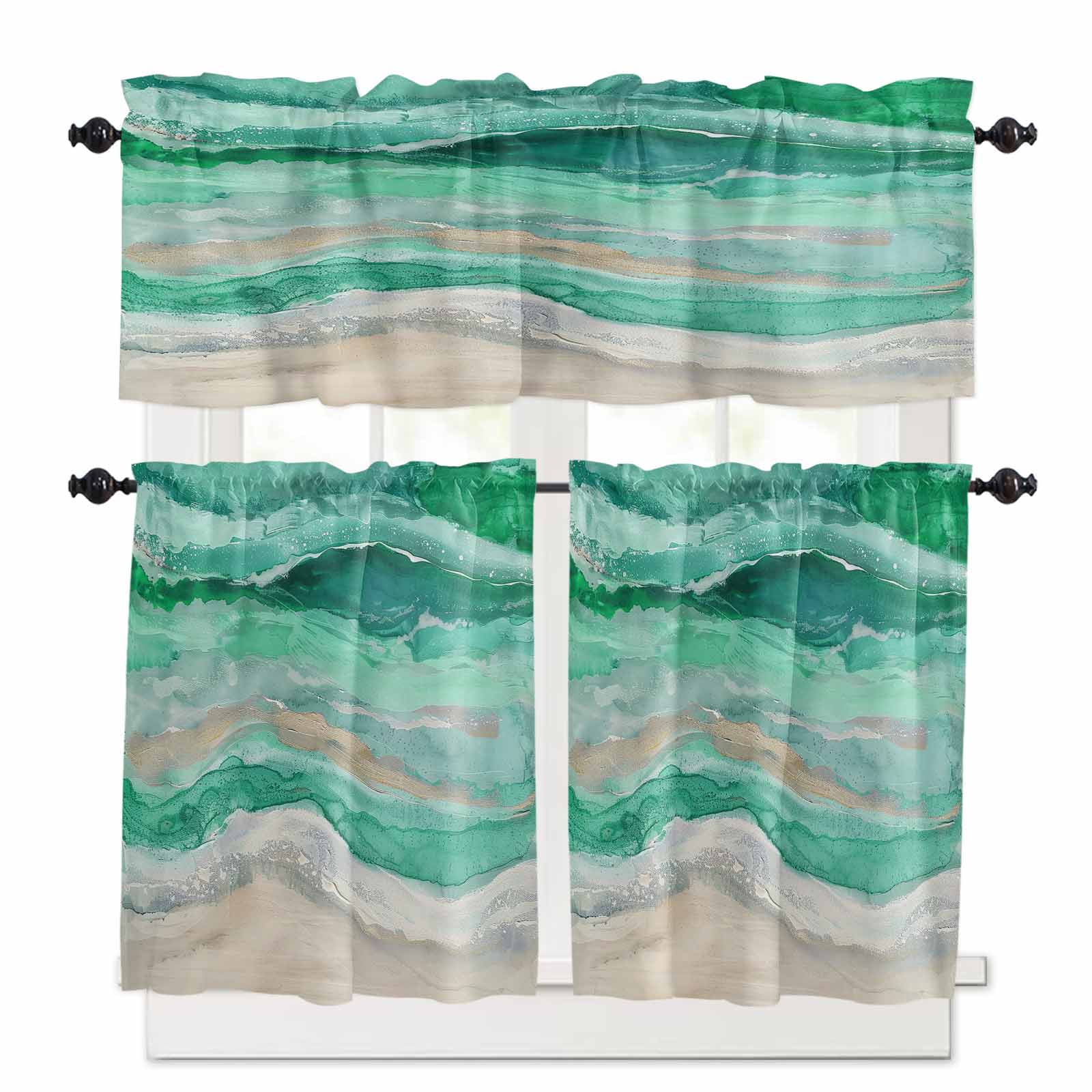 Abstract Green Kitchen Curtains Valance and Tier Set Gradient Beach ...