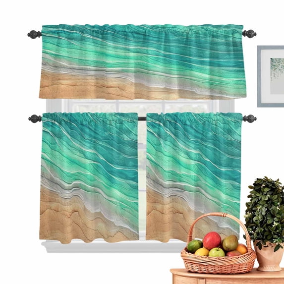 Abstract Green Kitchen Curtains Valances 3 Piece Set, Ocean Beach Waves ...