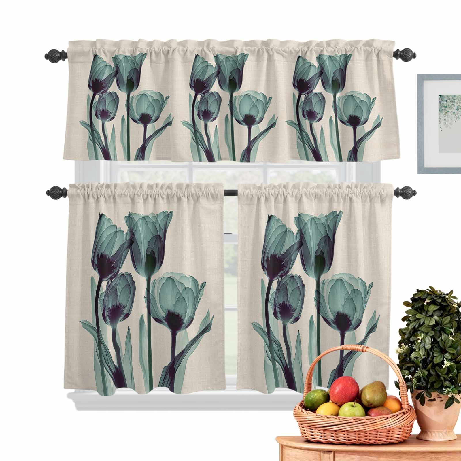Abstract Green Kitchen Curtains Valances 3 Piece Set, Tulip Ray Beige ...