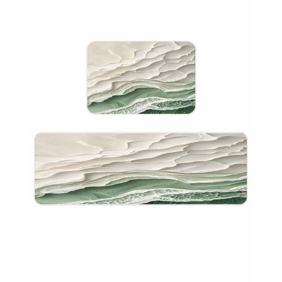 Abstract Green Kitchen Mats for Floor 2 Piece, Beige Ocean Wave Oil ...
