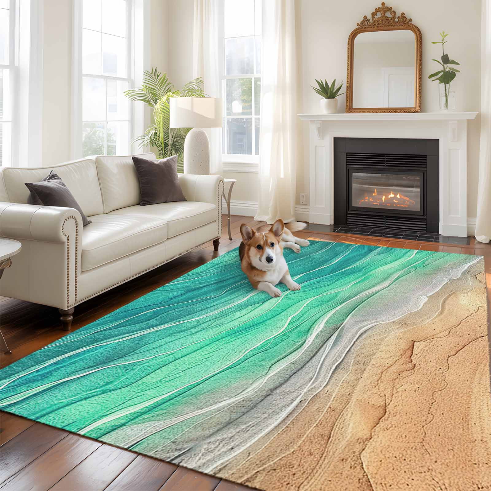 Abstract Green Large Area Rugs 5x8 ft Ocean Beach Waves Lines Gradient ...
