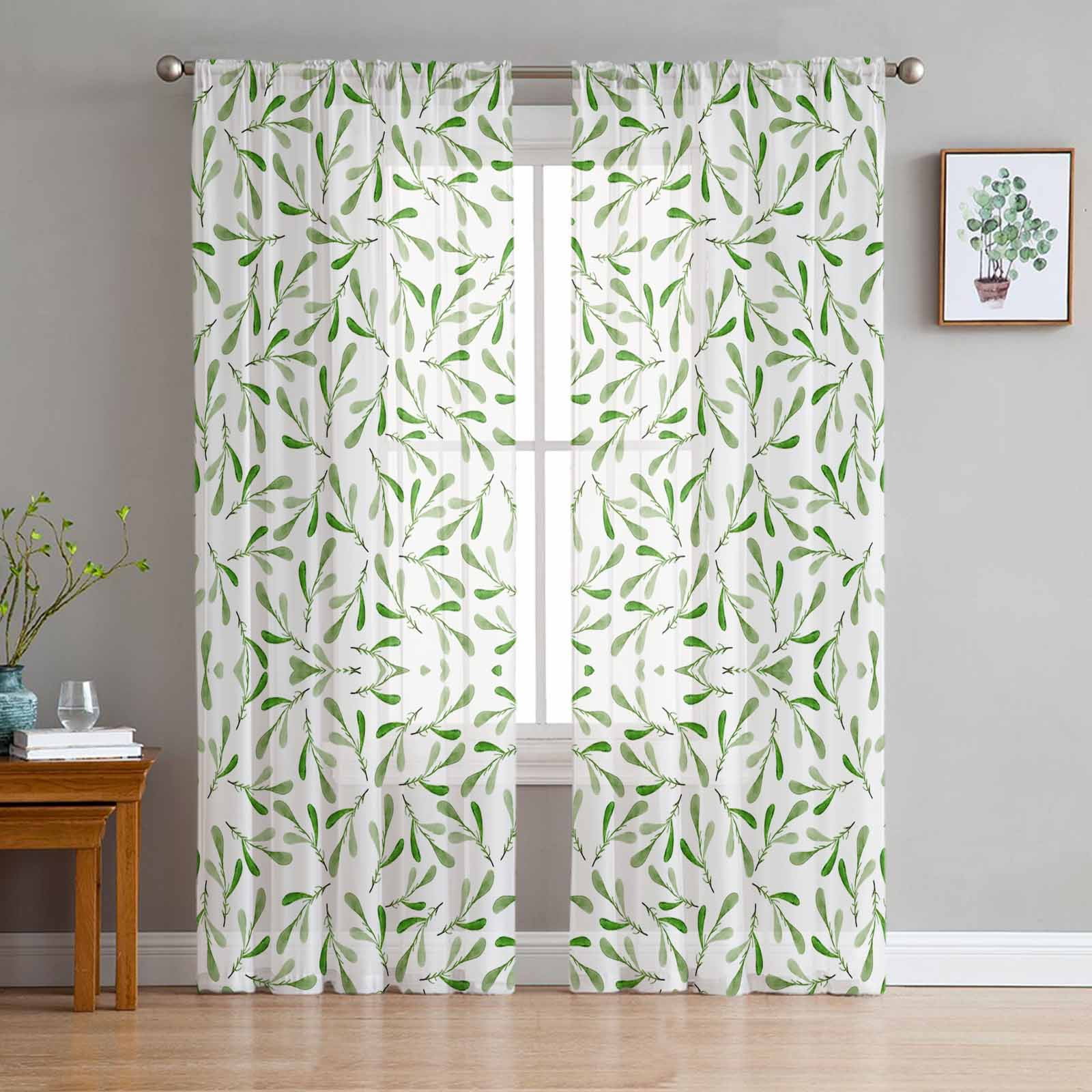 Abstract Green Leaf Plants Sheer Tulle Home ration Living Room Bedroom Cortinas Chiffon Window ...