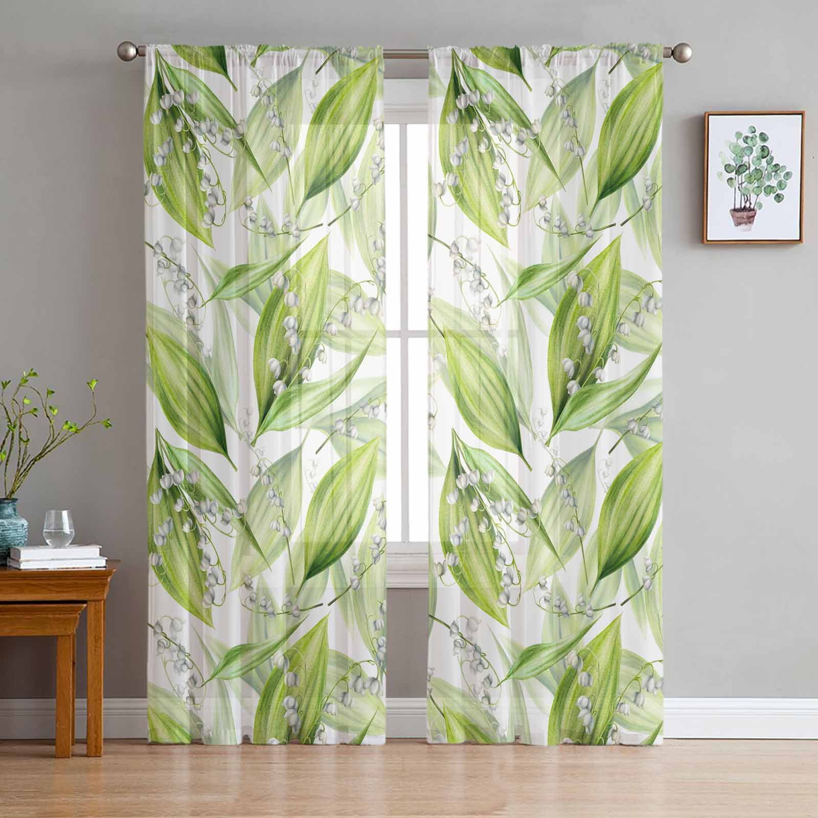 Abstract Green Leaf Plants Tulle Sheer Window Curtains for Living Room ...