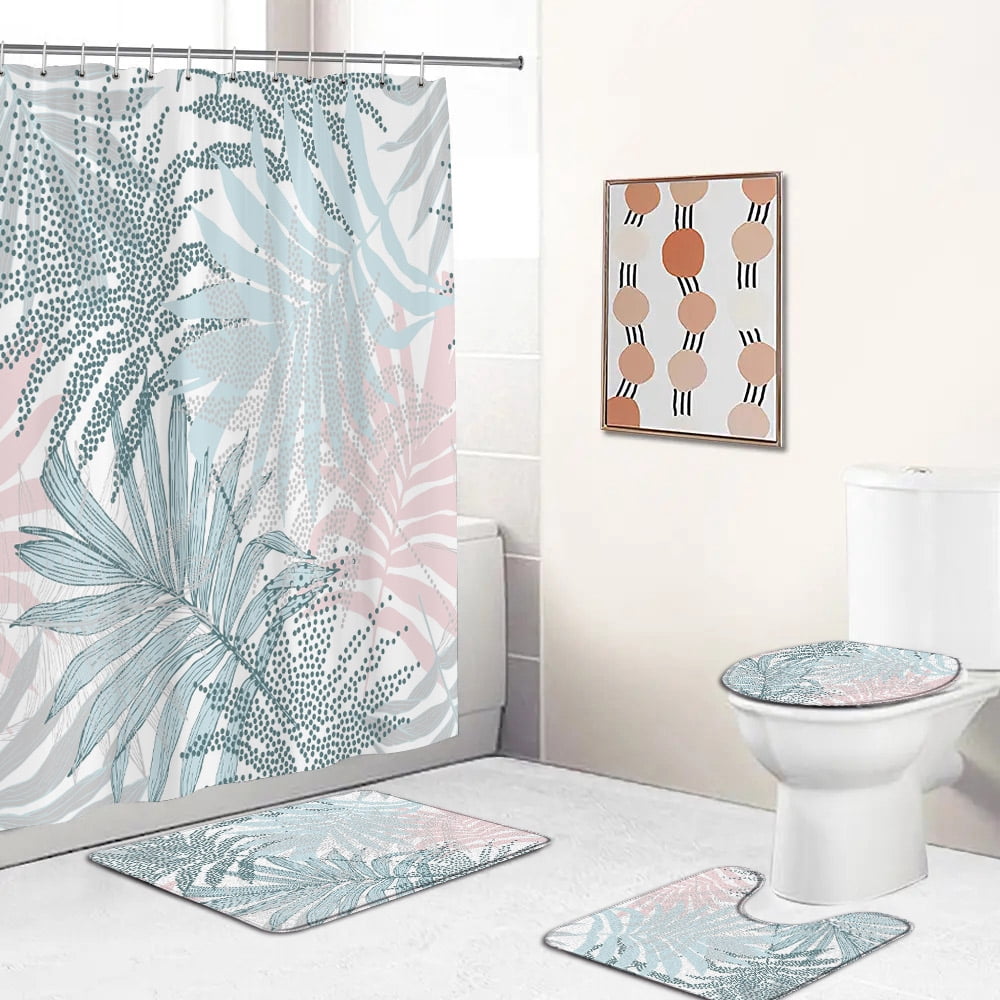 Abstract Green Leaves Bath Curtain Set Leaf Nordic Minimalist Plants ...