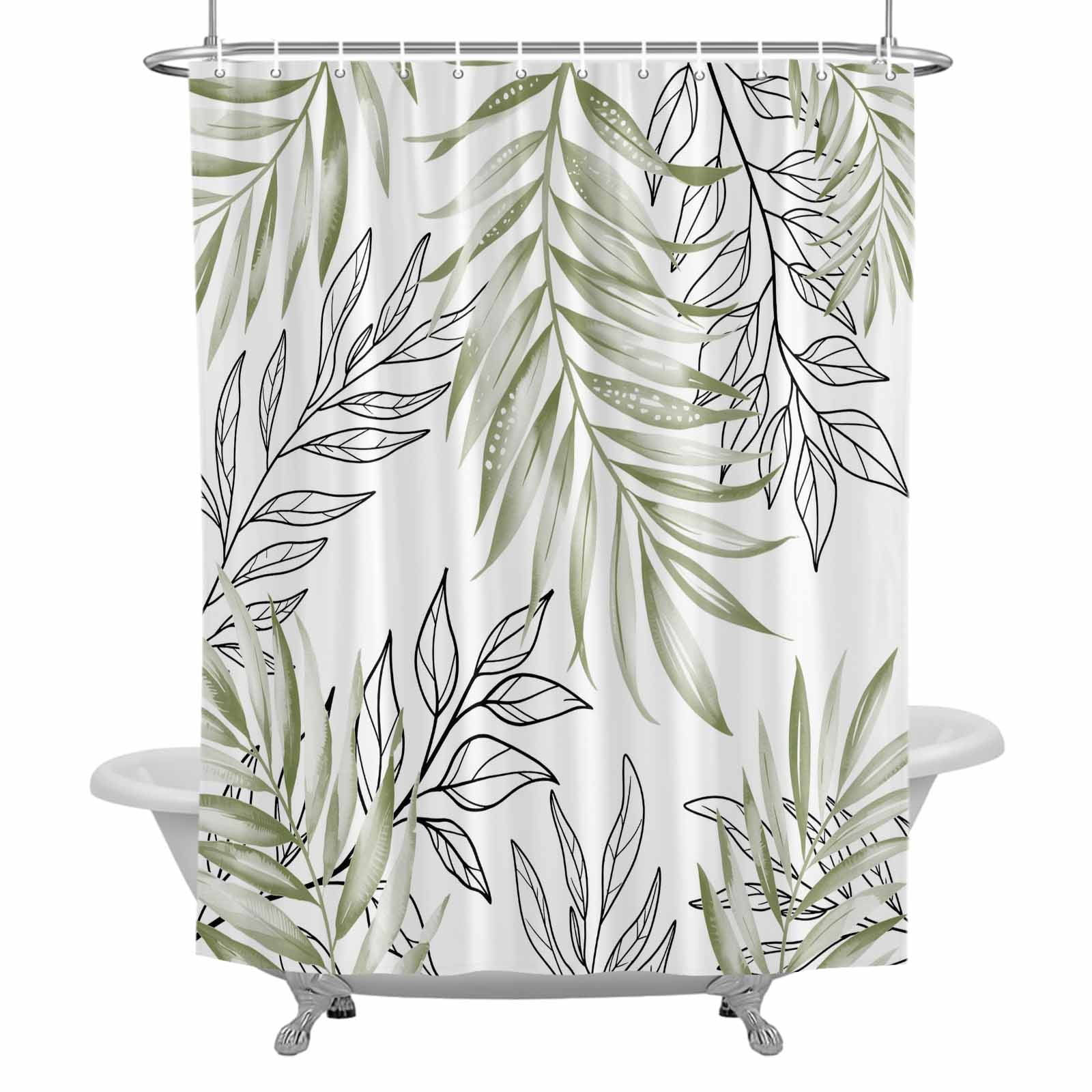 Abstract Green Leaves Branch Shower Curtain, Modern Lines Art ...