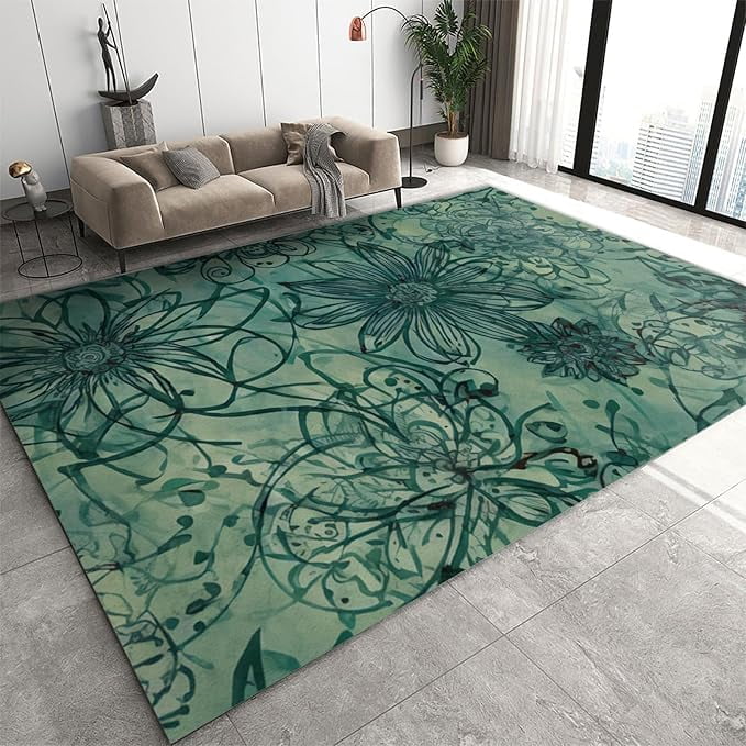 Abstract Green Lines Flowers Area Rug, Retro Green Flower and Grass ...