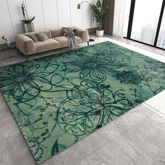 Abstract Green Lines Flowers Area Rug, Retro Green Flower and Grass ...