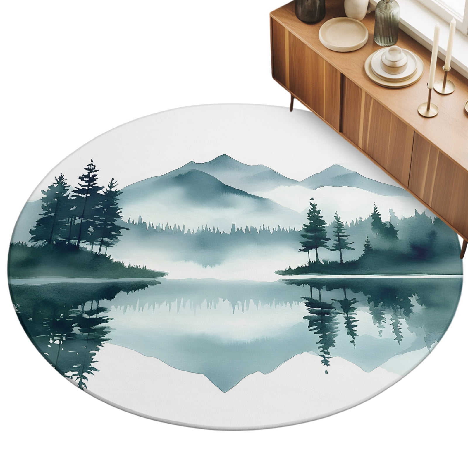 Abstract Green Mountain Area Rugs 3.3' (Round) Lake Fog Landscape ...