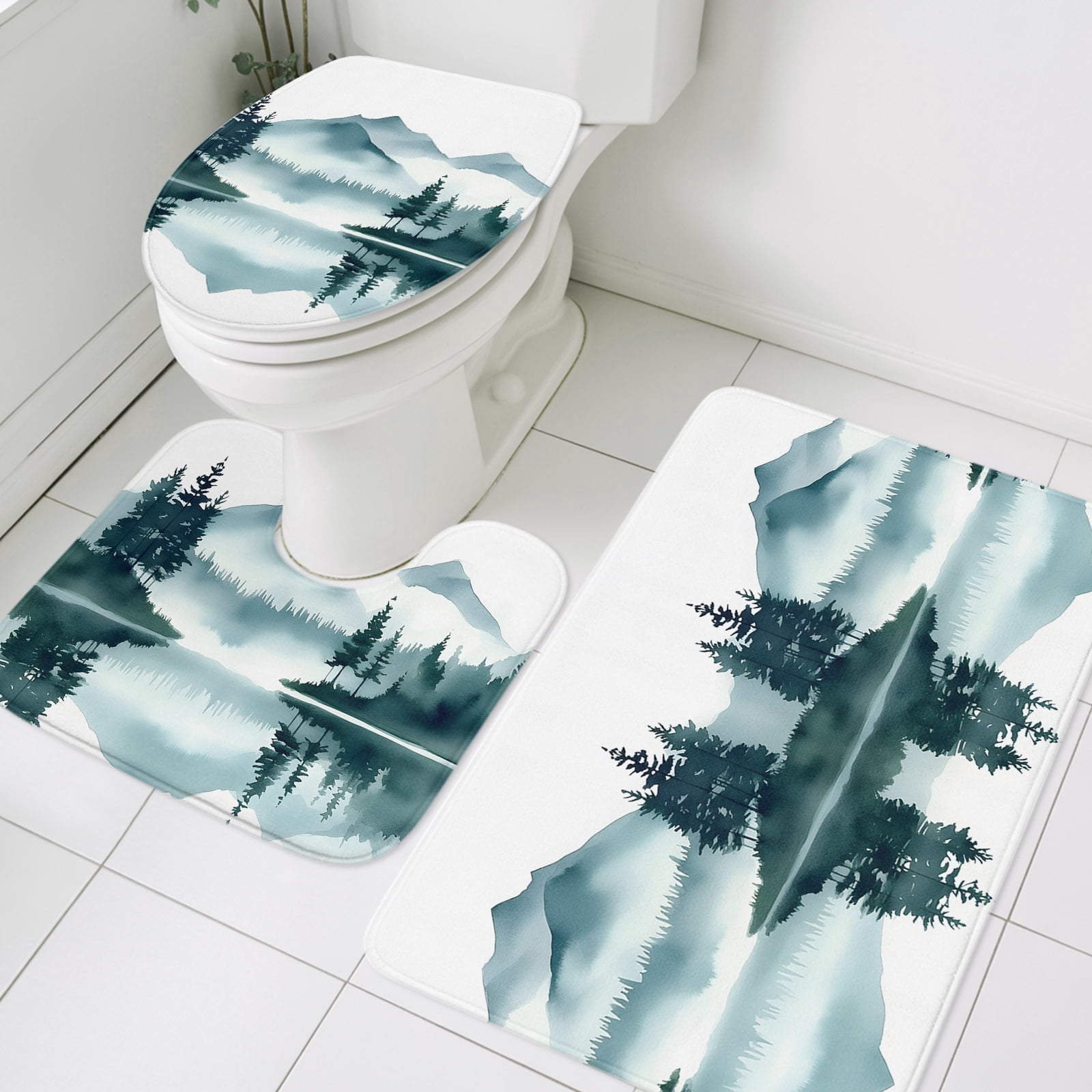 Abstract Green Mountain Bathroom Rugs Set Lake Fog Landscape Painting ...