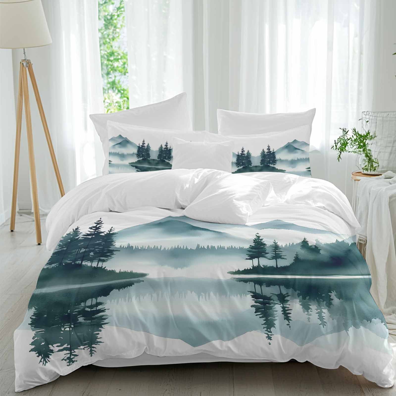 Abstract Green Mountain Comforter Set Twin Size, Lake Fog Landscape ...