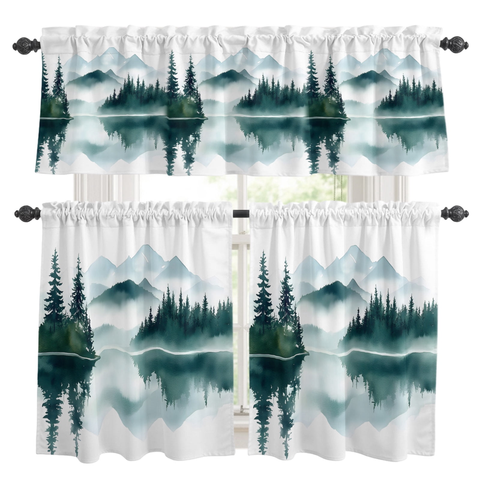 Abstract Green Mountain Kitchen Curtains and Valances Set, Fog Lake ...