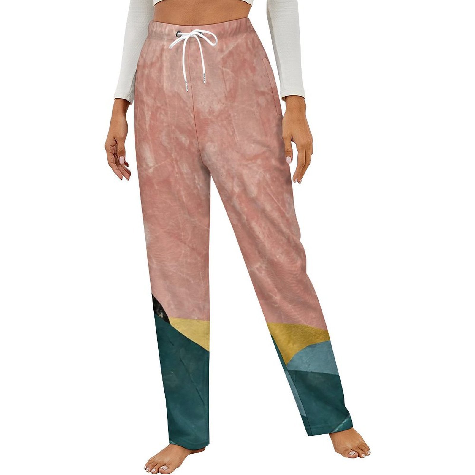 Abstract Green Mountain Landscape Color Block Minimalist Winter Female Pants Flannel High Waist ...