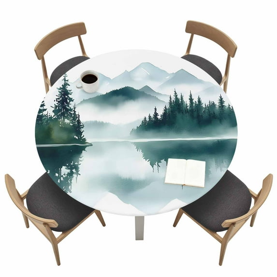 Abstract Green Mountain Round Fitted Tablecloth with Elastic Edge Fog ...