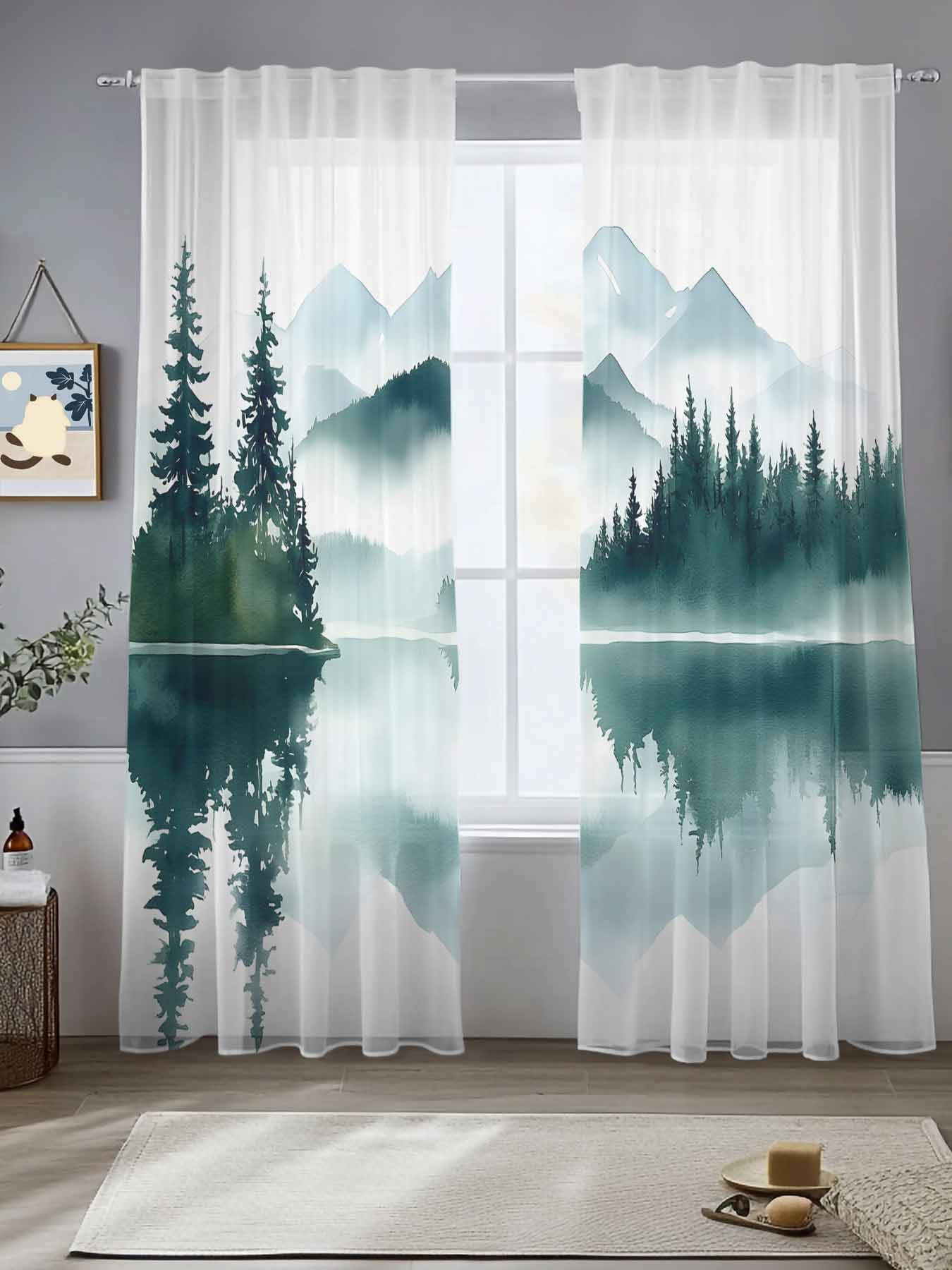 Abstract Green Mountain Sheer Curtains 108 Inches Long 2 Panels Fog ...