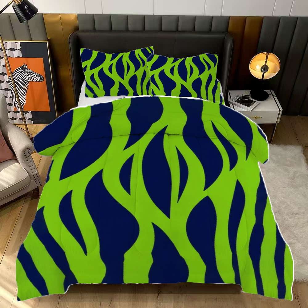 Abstract Green Navy Leaf Pattern Comforter Set Full Size Bedding Set ...