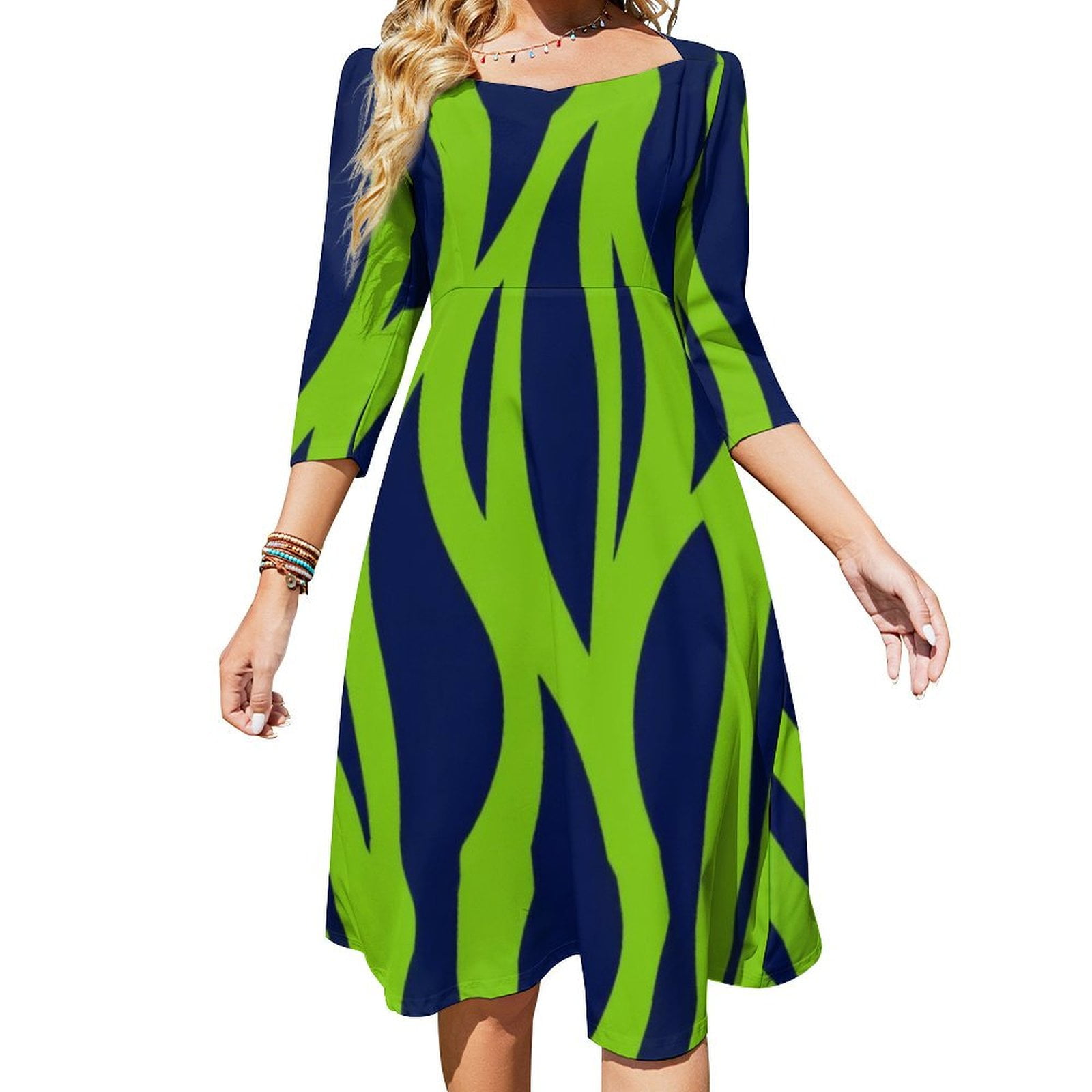 Abstract Green Navy Leaf Pattern Sweetheart Knot Flared Dress Fashion ...